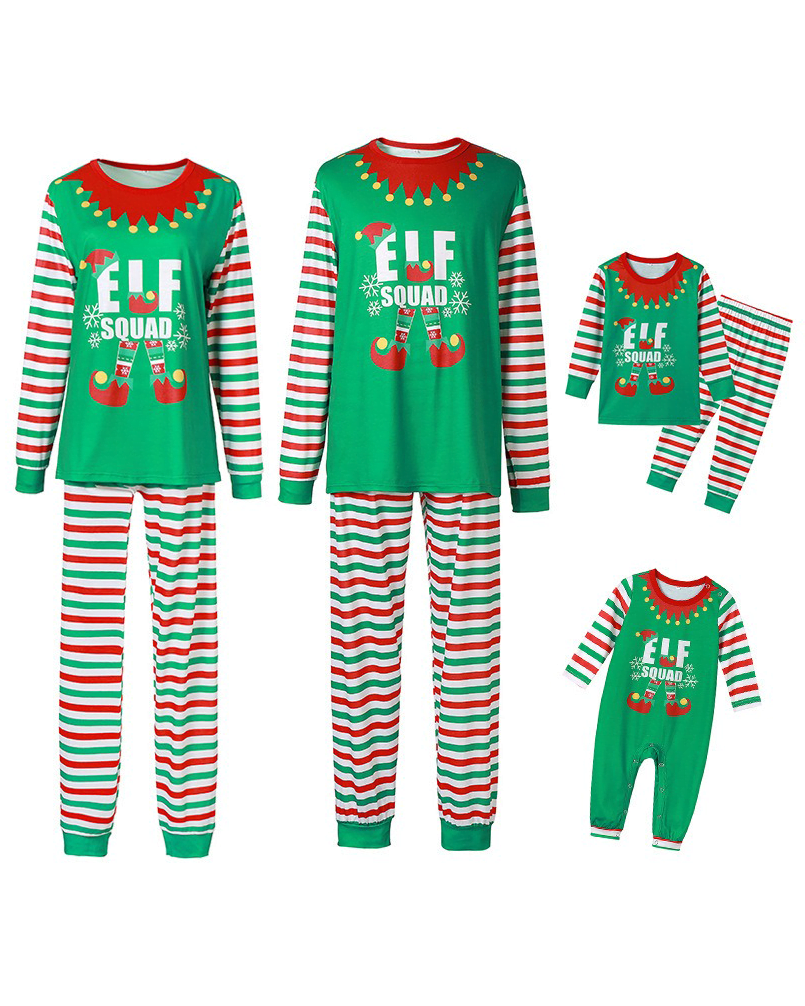 Kerstpyjama groen gestreept met Elf Squad patroon - The Christmas Fabric