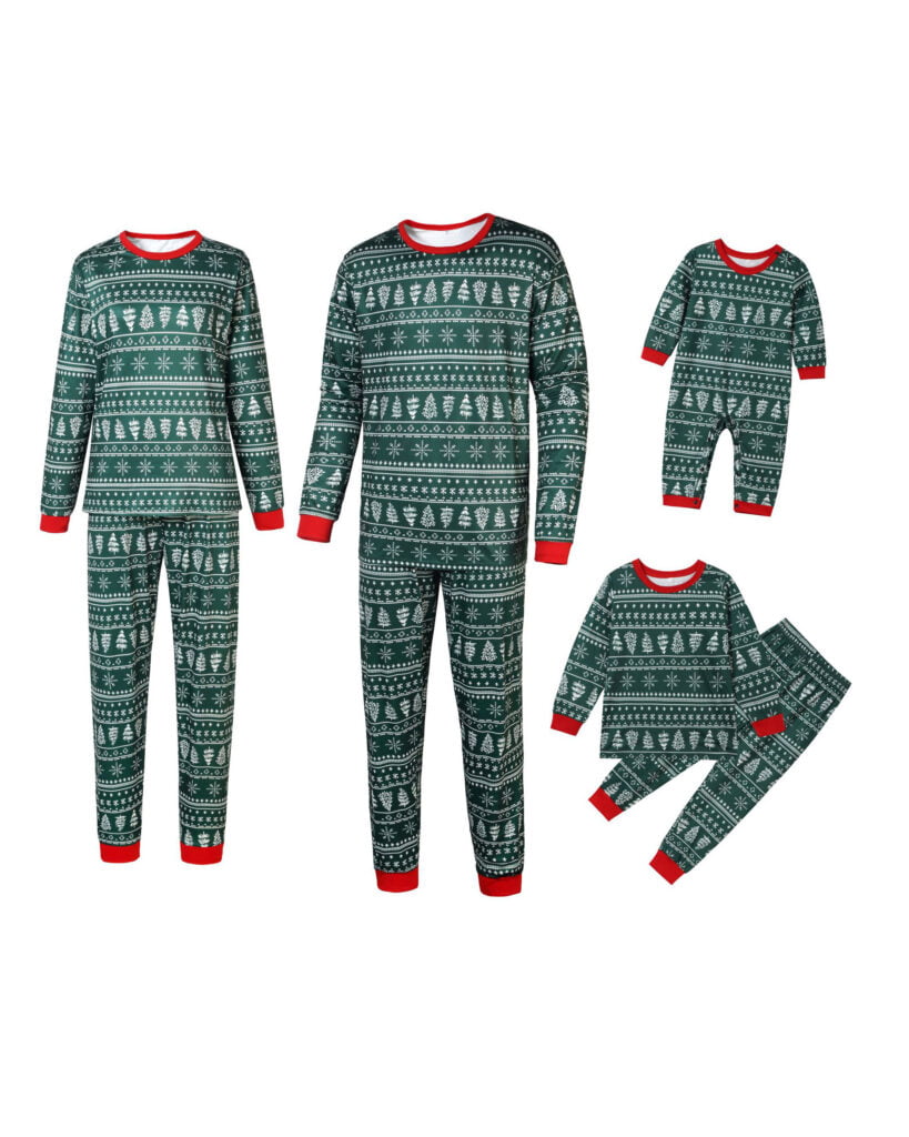 Moderne groene kerstpyjama met wintermotieven, sneeuwvlokken ...