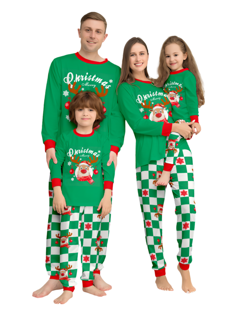Green check Christmas pajamas of a reindeer decorated with baubles ...